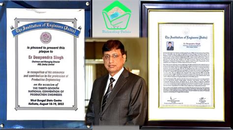 Shri Deependra Singh Cmd Irel Facilitated By The Institute Of Engineers India For Eminence