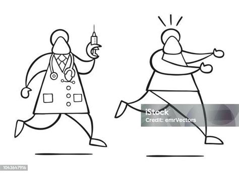 벡터 만화 의사 남자 청진 기 및 실행 주사를 무서 워 하 고 도망 환자 준비 주사기를 들고 개념에 대한 스톡 벡터 아트 및 기타 이미지 Istock