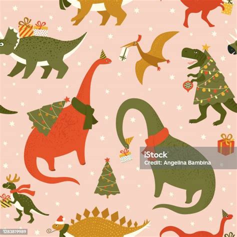 디노 크리스마스 파티 트리 렉스 산타 모자의 공룡은 크리스마스 트리 화환 조명을 장식합니다 만화 플랫 스타일에서 재미있는 캐릭터의 벡터 일러스트 크리스마스에 대한 스톡 벡터