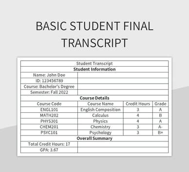 Free University Transcript Templates For Google Sheets And Microsoft Excel Slidesdocs