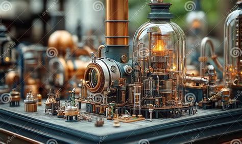 Miniature Steampunk Factory With Intricate Brass And Glass Details