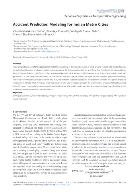 Pdf Accident Prediction Modeling For Indian Metro Cities