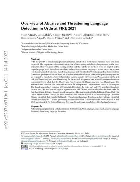 Overview Of Abusive And Threatening Language Detection In Urdu At Fire 2021 Deepai