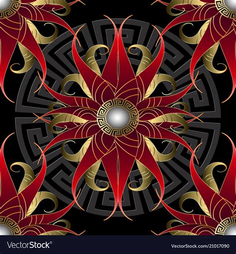 Luxury 3d Floral Greek Key Seamless Pattern Vector Image