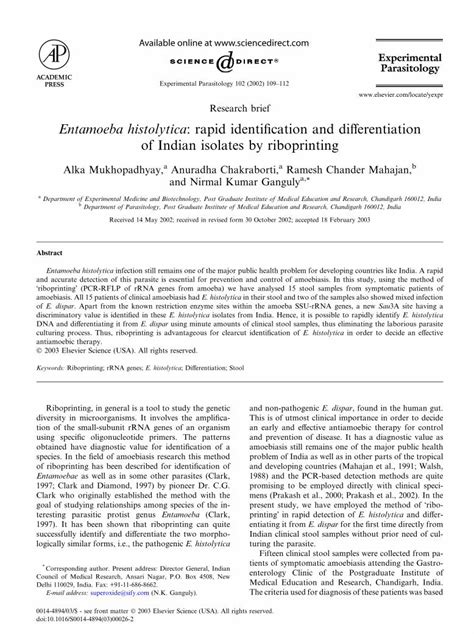 Pdf Entamoeba Histolytica Rapid Identification And Differentiation Of Indian Isolates By