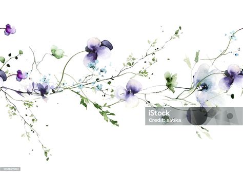 수채화는 흰색 바탕에 꽃무늬 직사각형 프레임을 그렸다 보라색 푸른 야생화 녹색 가지 나뭇잎 꽃 식물에 대한 스톡 벡터 아트 및 기타 이미지 Istock