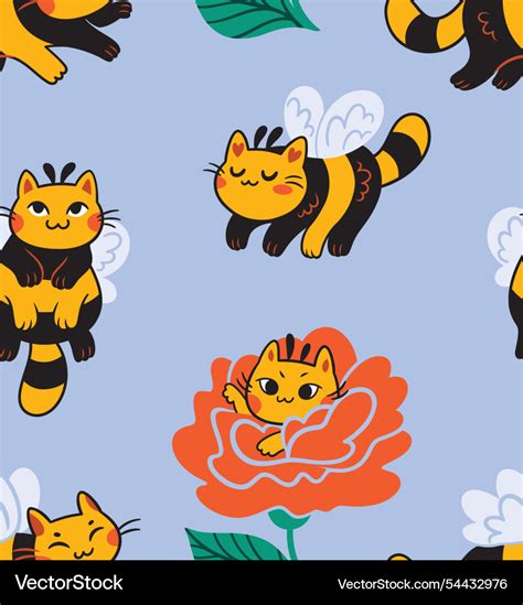 Seamless Pattern With Cute Bee Cats Kawaii Style Vector Image