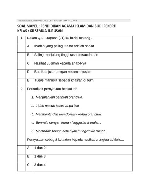 Xii Skk Soal Pendidikan Agama Islam Dan Budi Pekerti Maslihah Sag