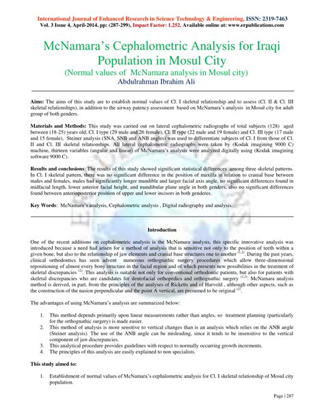 Pdf Mcnamaras Cephalometric Analysis For Iraqi Population In Mosul City Normal Values Of