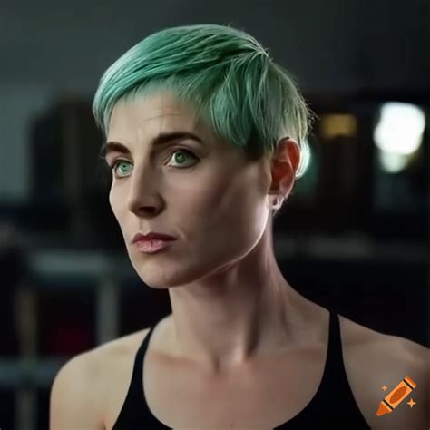 Portrait Of A Strong Athletic Woman With Short Green Hair On Craiyon