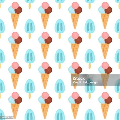 와플 콘 수채화 매끄러운 패턴의 아이스크림 흰색 바탕에 여름 아이스크림 디지털 종이 패턴입니다 과일에 대한 스톡 벡터 아트 및
