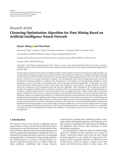 Pdf Clustering Optimization Algorithm For Data Mining Based On
