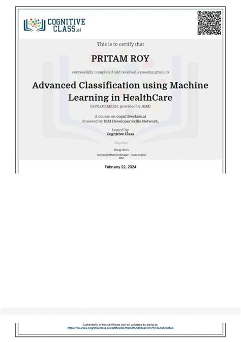 Completed Advanced Classification Using Machine Learning In Healthcare Course Pritam Roy