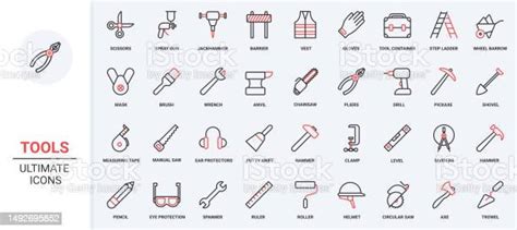 목공 건축 및 수리를 위한 건설 도구 및 장비 트렌디한 빨간색 검은색 가는 선 아이콘 세트 원형톱에 대한 스톡 벡터 아트 및 기타 이미지 Istock