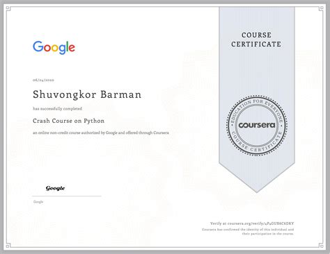 My Crash Course On Python Certificate Shuvongkor Barman Facebook