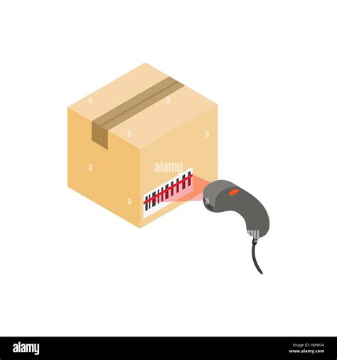 Scanning Label On The Box With Barcode Scanner Icon In Isometric 3d