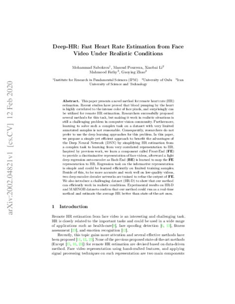 Pdf Deep Hr Fast Heart Rate Estimation From Face Video Under Realistic Conditions
