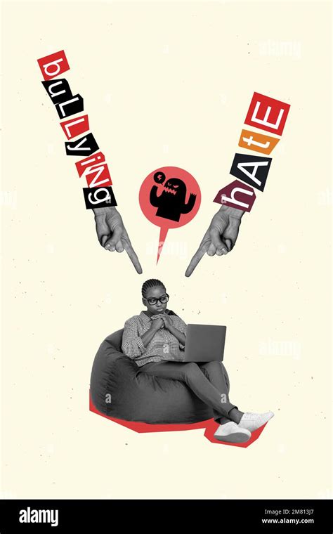 Creative Banner Poster Collage Of Lady Blogger Sit Bean Chair Work Netbook Receive Negative