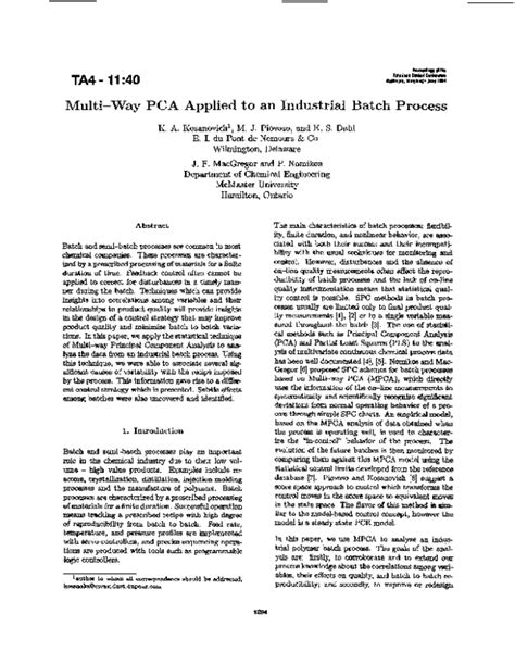Pdf Multi Way Pca Applied To An Industrial Batch Process