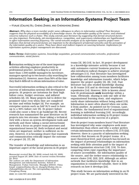Xu Et Al 2010 Information Seeking In An Information Systems Project Team Download Free Pdf