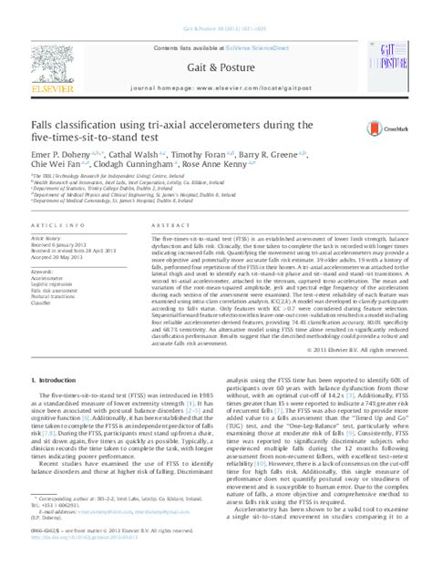 Pdf Falls Classification Using Tri Axial Accelerometers During The Five Times Sit To Stand Test