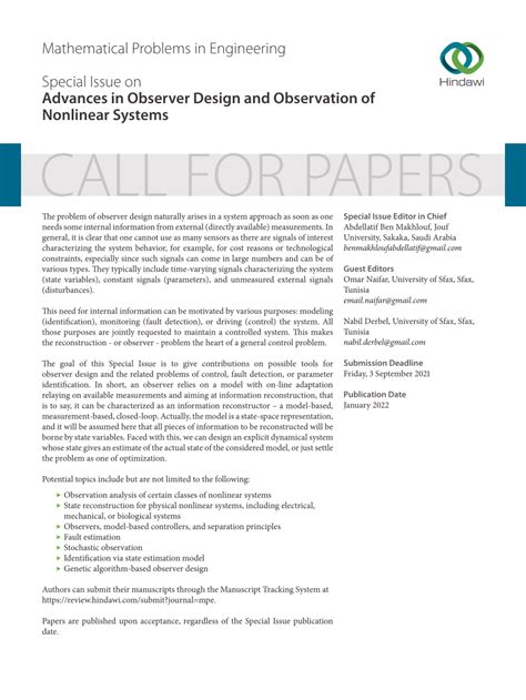 PDF Special Issue On Advances In Observer Design And Observation Of Nonlinear Systems CALL FOR