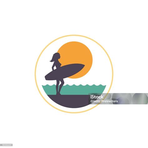 여자 서퍼 서핑 보드 실루엣 바다 파도 태양 빈티지 80 년대 원형 로고 T 셔츠 인쇄 벡터 여자에 대한 스톡 벡터 아트 및