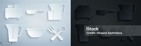 그릇 측정 컵 크로스 포크와 숟가락 프라이팬과 토스트 아이콘토스터를 설정합니다 벡터 3차원 형태에 대한 스톡 벡터 아트 및 기타