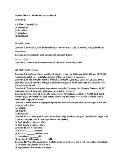Number Theory 1 Worksheet Pdf Notebook Mathematics