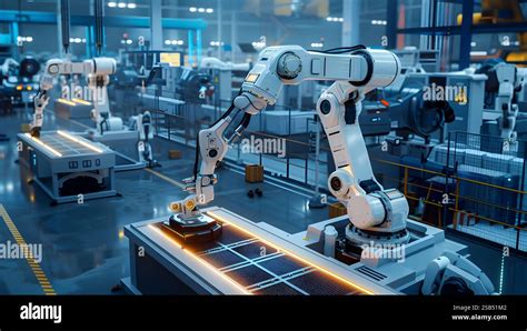 A Concept Art Image Depicting A Futuristic Manufacturing Facility Where Autonomous Robots Handle