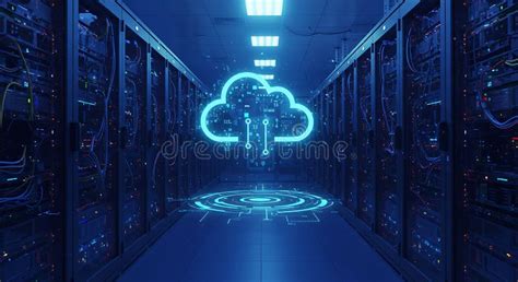 Dimly Lit Data Center With Rows Of Server Racks On Each Side Blue Neon Lights Stock