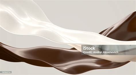 초콜릿과 우유가 튀고 액체 코코아와 크림이 흐르고 커피 요구르트 또는 유제품 음료 제품 흰색과 갈색 리본이 날아가거나 추상적인