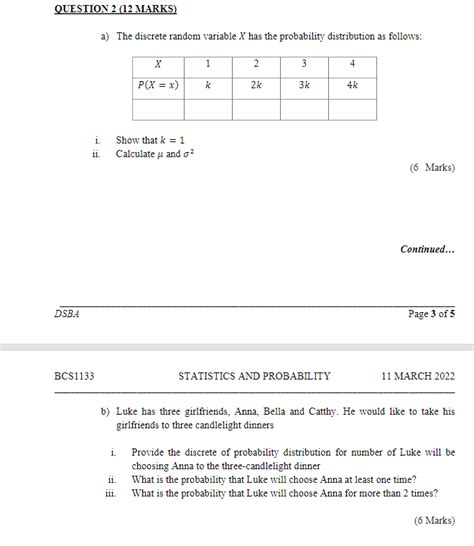 Solved QUESTION MARKS A The Discrete Random Variable Chegg