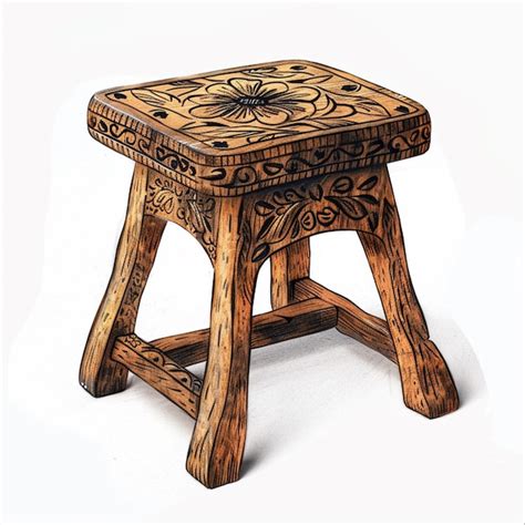 Premium Photo There Is A Small Wooden Stool With A Carved Design On