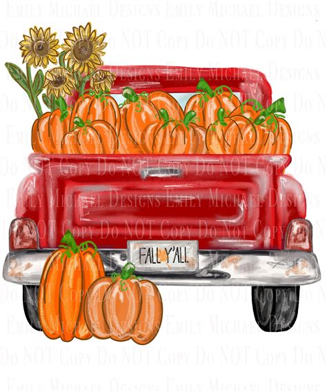 Red Truck With Pumpkins Antique Truck Sublimation Digital Image Hand