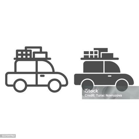 여행 자동차 라인과 단단한 아이콘 여름 휴가 개념 흰색 배경에 지붕 기호에 수하물복고풍 자동차 개요 스타일의 모바일 개념과 웹 디자인차량 여행 아이콘 벡터 그래픽 로고에