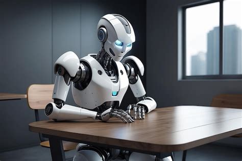 Premium Photo Robot Sitting Behind Table 3d Render