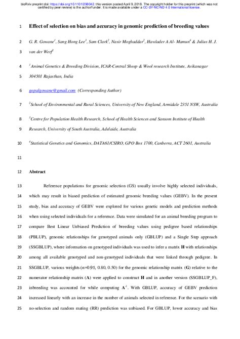 Pdf Effect Of Selection On Bias And Accuracy In Genomic Prediction Of