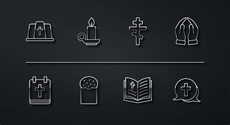 세트 라인 교황 모자 부활절 달력 기도 자세의 손 성경 책 케이크 불타는 촛불 촛대 기독교 십자가 및 아이콘 벡터 아이콘에 대한 스톡 벡터 아트 및 기타 이미지 Istock
