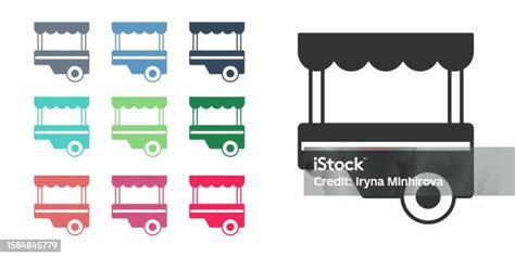 흰색 배경에 고립 된 차양 아이콘이있는 검은 패스트 스트리트 푸드 카트 어반 키오스크 다채로운 아이콘을 설정합니다 벡터 거리에 대한 스톡 벡터 아트 및 기타 이미지 Istock