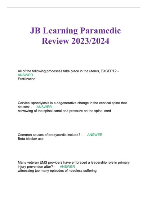 JB Learning Paramedic Review Stuvia US