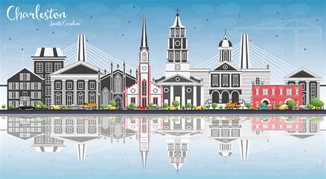 찰스턴 사우스 캐롤라이나 회색 건물 푸른 하늘 반사와 스카이 라인 사우스 캐롤라이나에 대한 스톡 벡터 아트 및 기타 이미지 사우스 캐롤라이나 찰스턴 사우스 캐롤라이나
