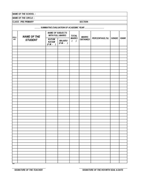 Summative Evaluation Tabulation Sheet Class Pp To 5 V Pdf
