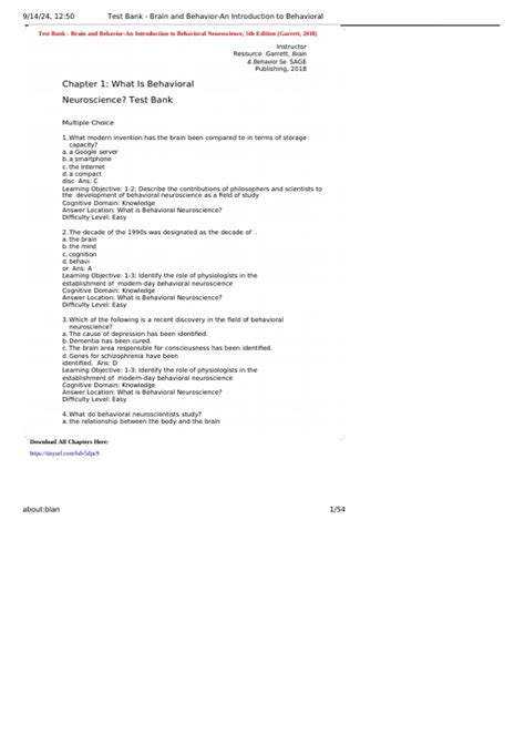 Test Bank Brain And Behavior An Introduction To Behavioral Neuroscience 5th Edition Garrett