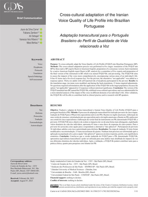 Pdf Cross Cultural Adaptation Of The Iranian Voice Quality Of Life Profile Into Brazilian