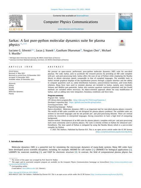 Pdf Sarkas A Fast Pure Python Molecular Dynamics Suite For Plasma