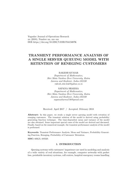 Pdf Transient Performance Analysis Of A Single Server Queuing Model With Retention Of Reneging