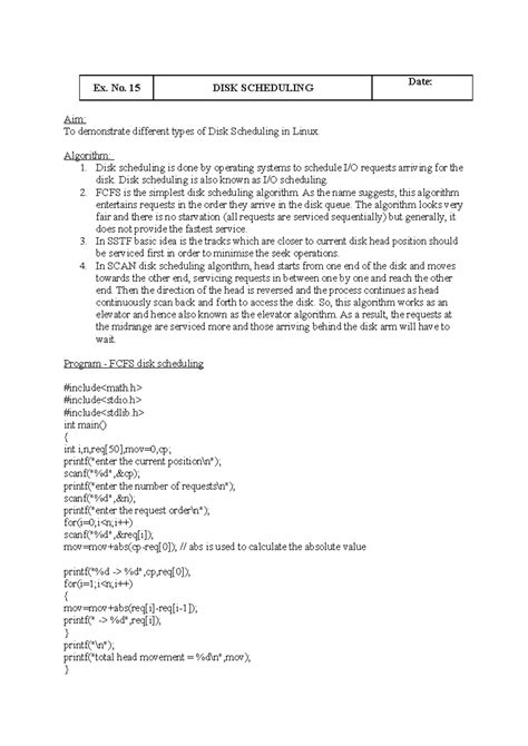 disk scheduling notes ex no 15 disk scheduling date aim to