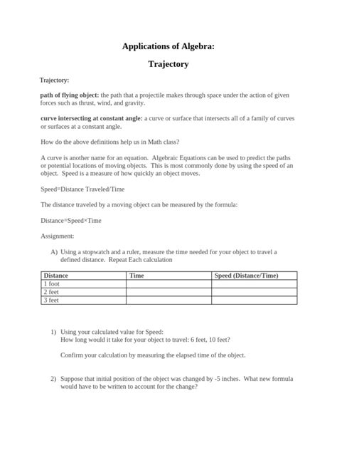 applications of algebra trajectory pdf