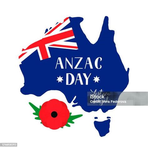 호주지도에 안작 의 날 편지 기억의 날의 빨간 양귀비 꽃 기호입니다 우리가 잊지 않도록 인사말 카드 타이포그래피 포스터 배너 전단지 스티커 등을위한 벡터 템플릿 Anzac